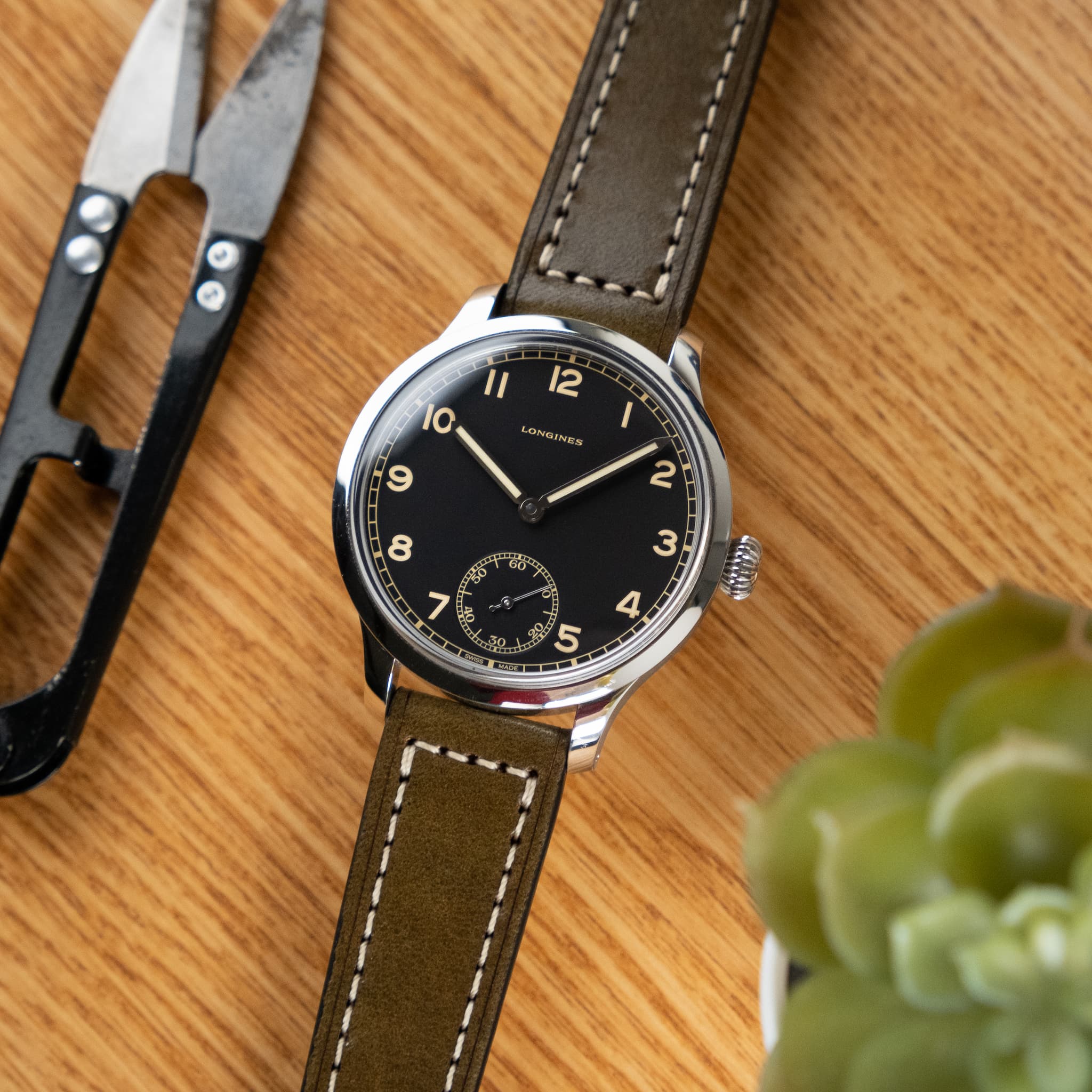 Box-Stitch Military Green Leather Watch Strap