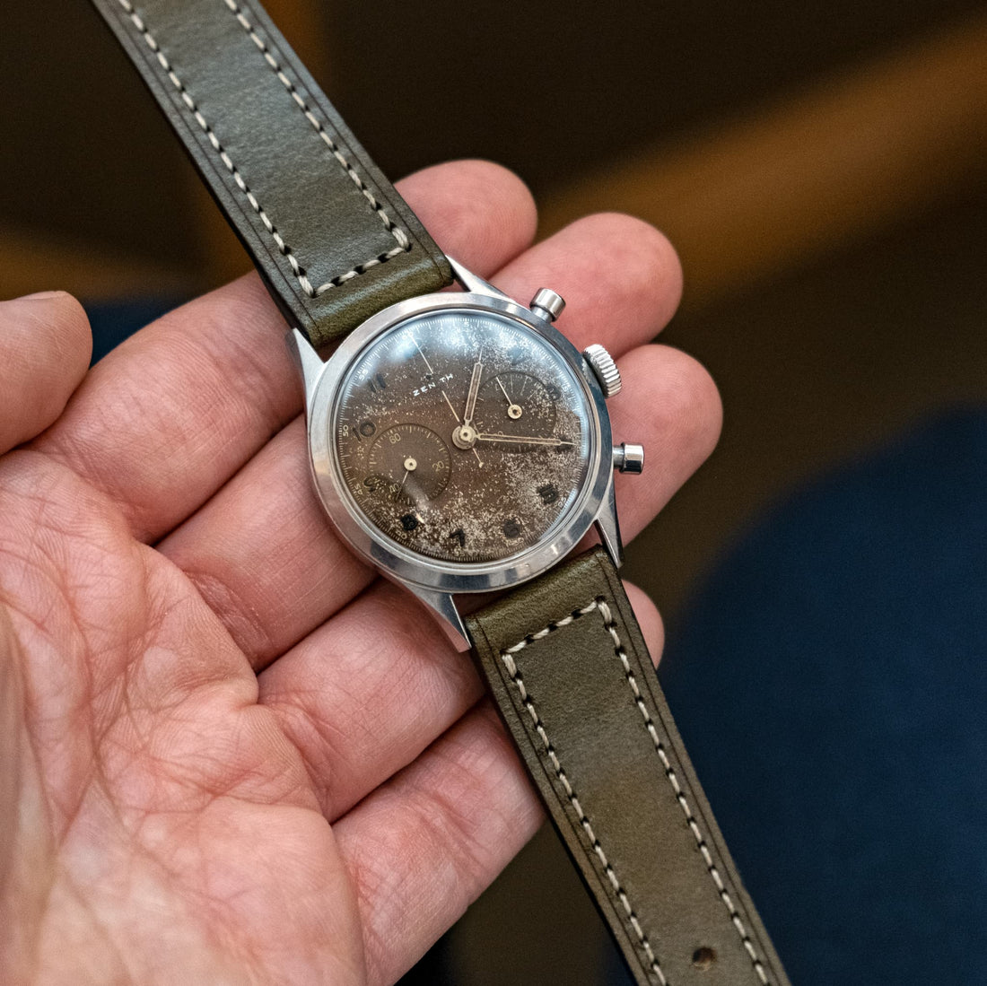 Box-Stitch Military Green Leather Watch Strap