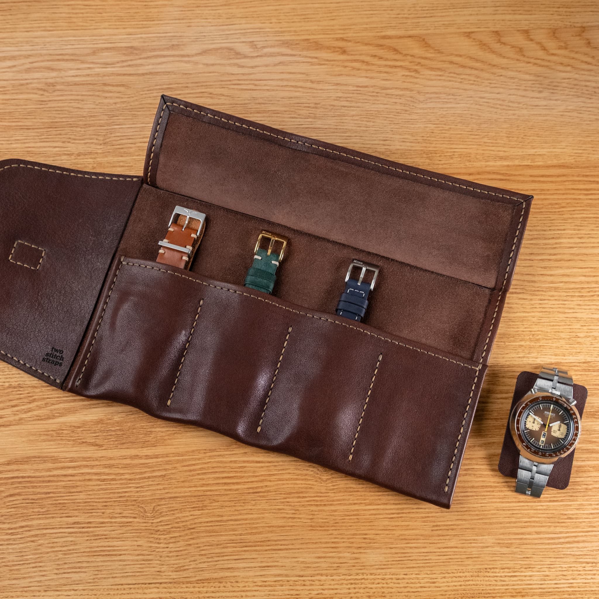 Four Watches Chestnut Leather Roll - Two Stitch Straps