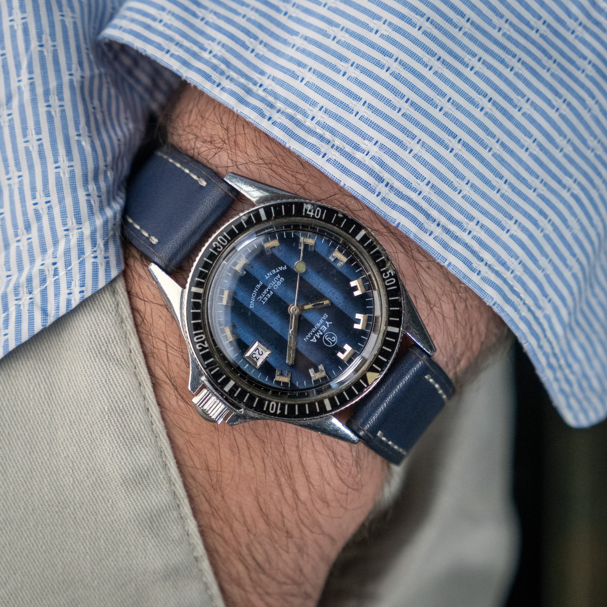 Full-Stitch Denim Blue Leather Watch Strap