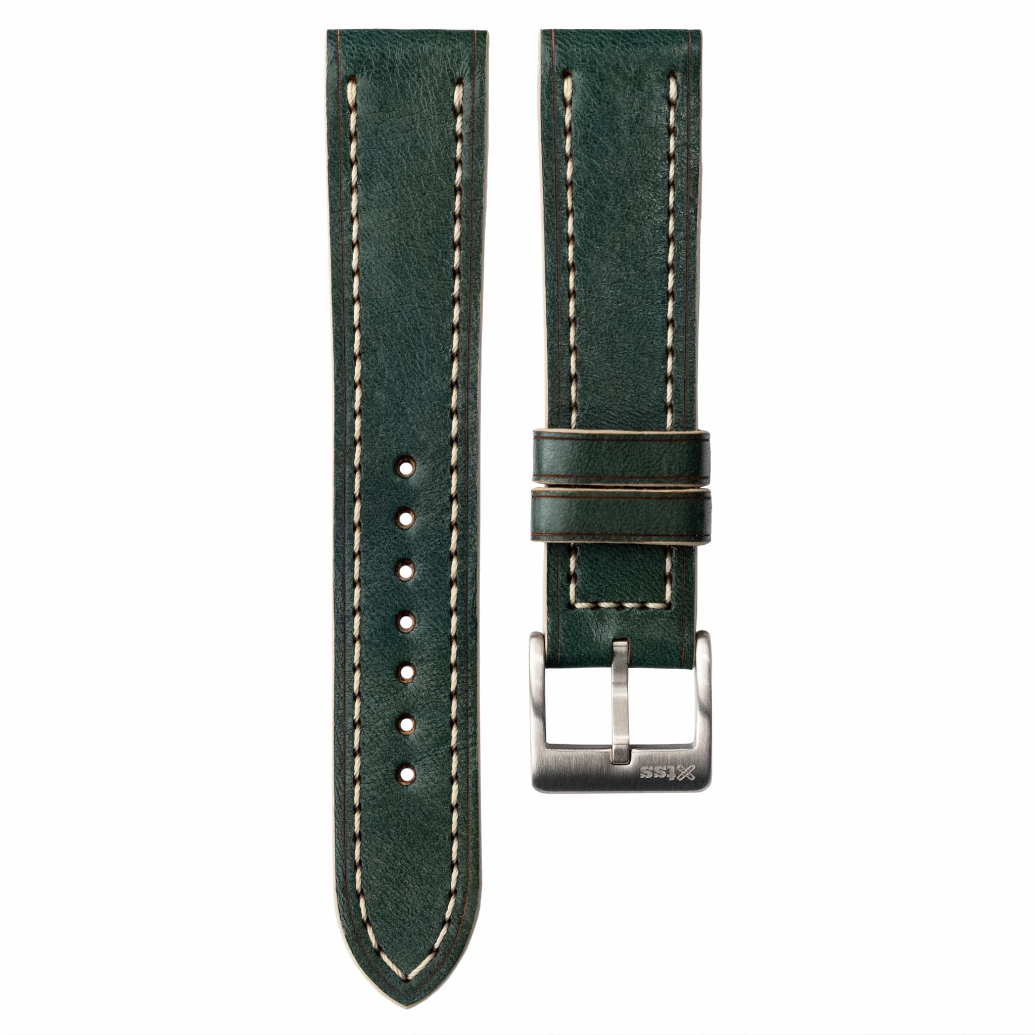 Full-Stitch Pine Green Leather Watch Strap