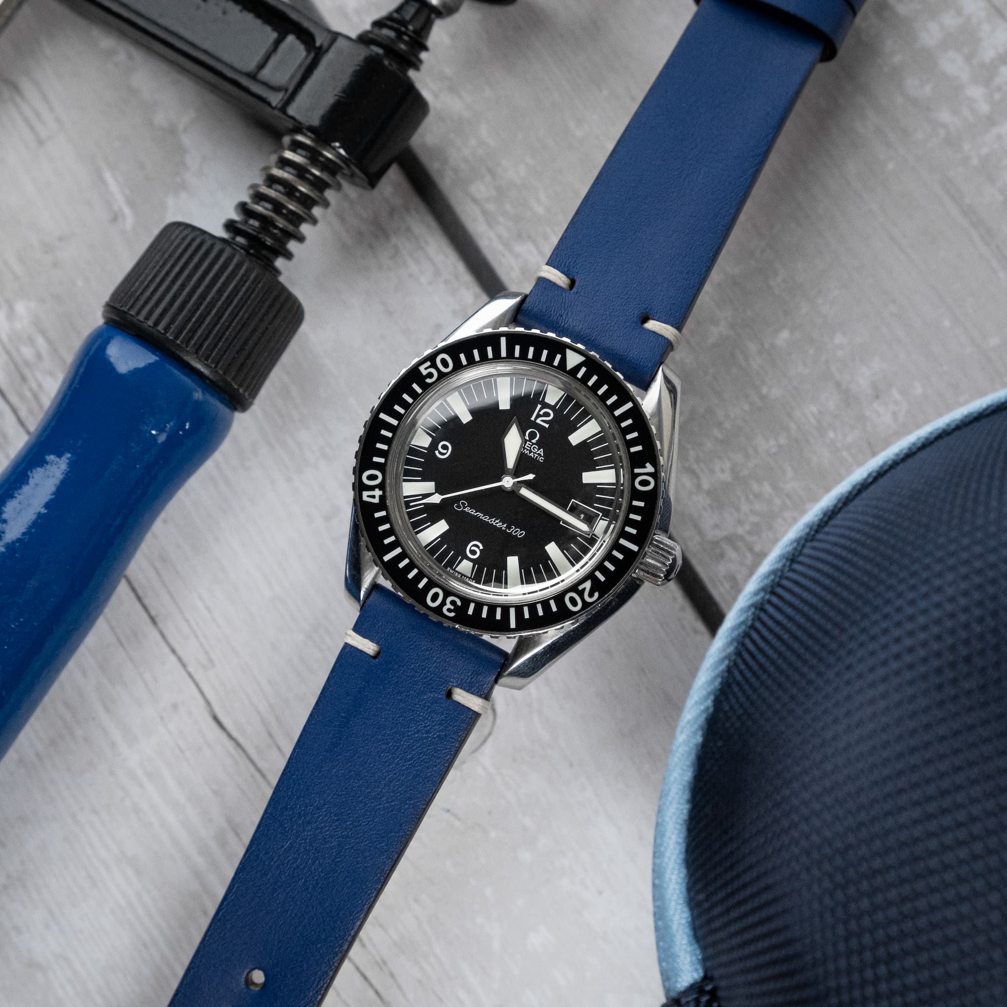 Two-Stitch Cobalt Blue Leather Watch Strap