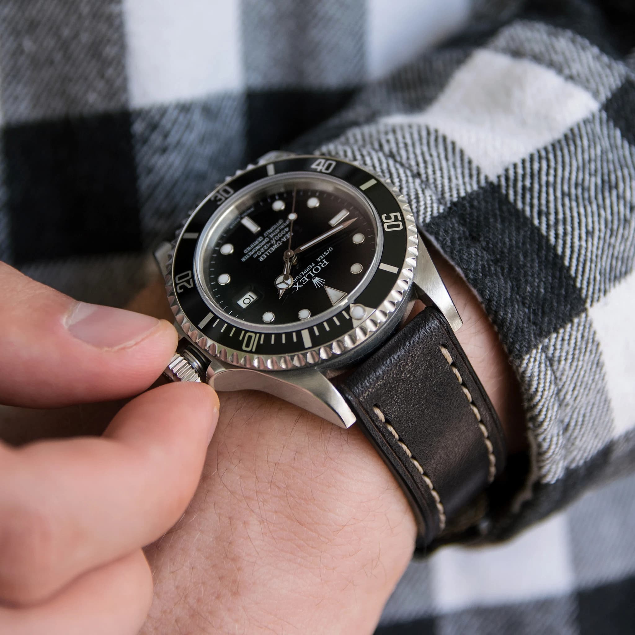 Full-Stitch Black Leather Watch Strap