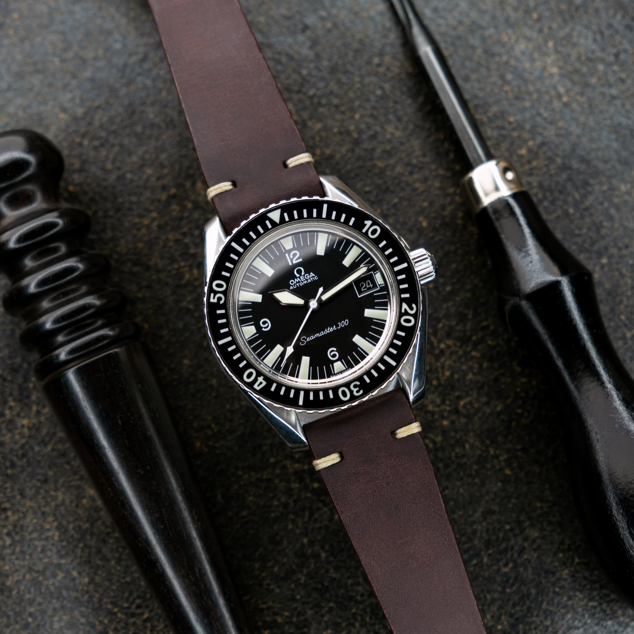 Two-Stitch Burgundy Leather Watch Strap